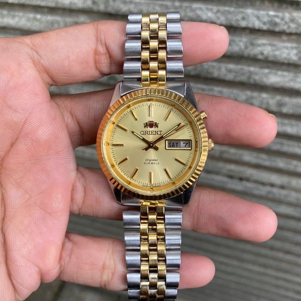 RARE ORIENT Day Date Crystal Automatic 21J Two Tone Fluted Vintage ...