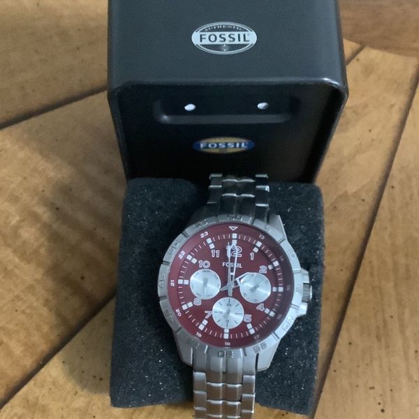 FOSSIL CHRONOGRAPH Red Face Stainless Band BQ9424 MEN'S WATCH ...