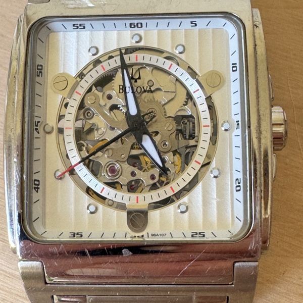 Bulova Mens Automatic Skeleton Watch Rectangular Stainless Steel 50M ...
