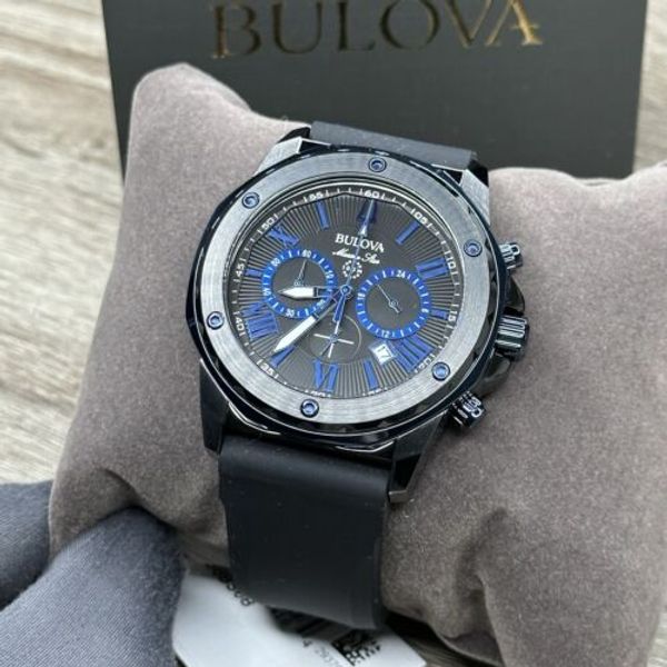 NEWâ Bulova Marine Star Chronograph Black Dial Silicone Men's Watch ...