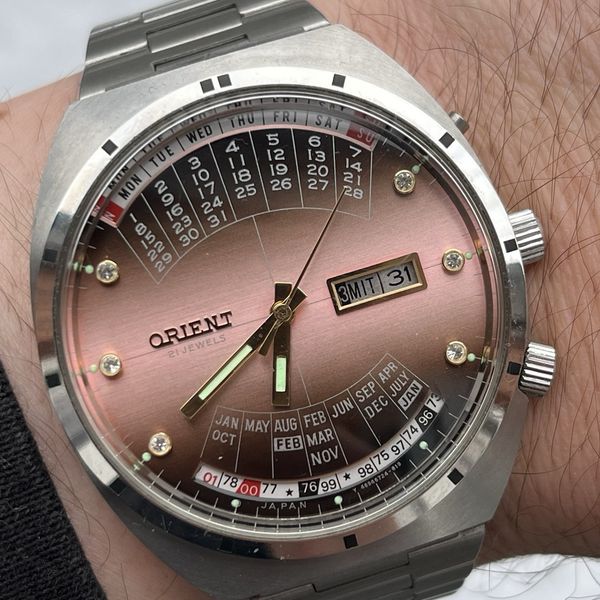 NOS Orient Perpetual Multi Year Calendar Vintage Automatic Pink Dial Y ...