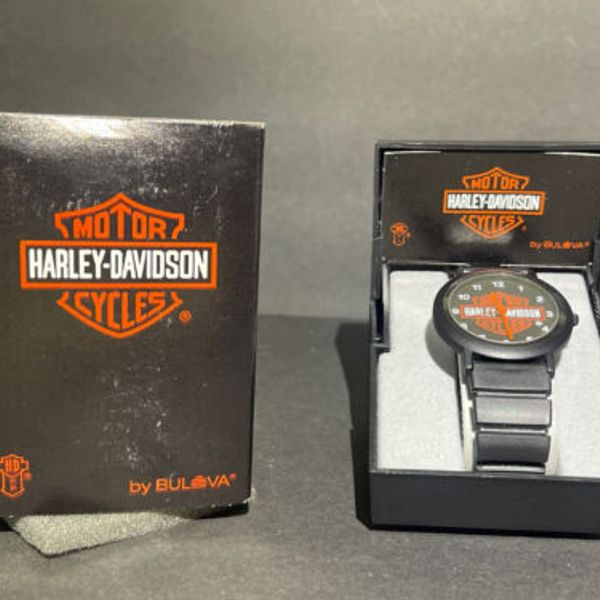 RARE HARLEY DAVIDSON MOTORCYCLES BULOVA MENS WATCH BLACK FACE BLACK ...