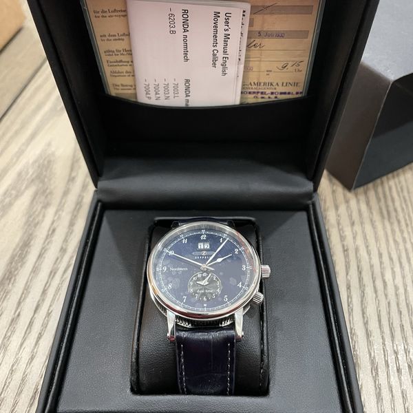 Zeppelin Nordstern Swiss quartz watch 41mm BIG date Dual time Blue Dial ...
