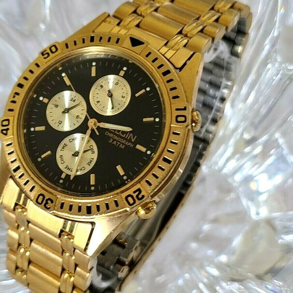 Vintage Rare Elgin Chronograph Black-Dial Gold-Tone Mens Watch ...