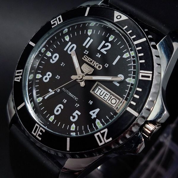 Seiko 5 Automatic Sports Black Dial Rotating Bezel Men's Wrist Watch ...