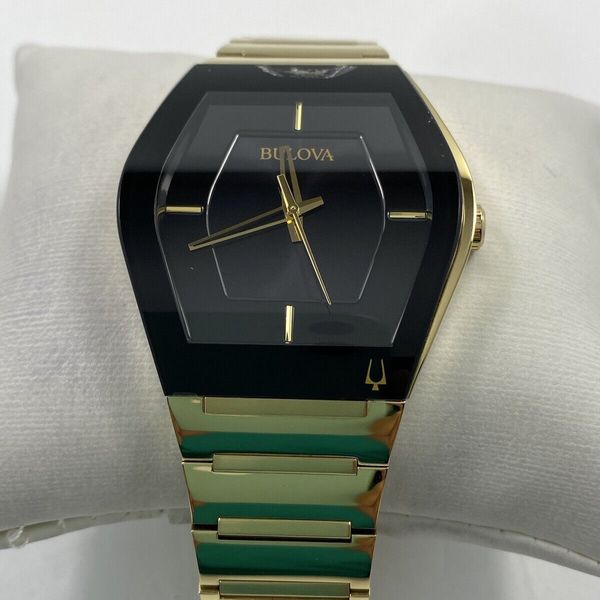 Bulova Futuro Gemini Black Dial Gold Tone Stainless Steel Men's Watch ...