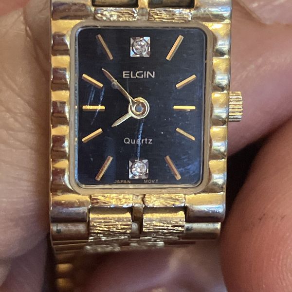 Elgin Diamond Gold Tone Ladies Watch Black Dial Works Needs Quartz ...