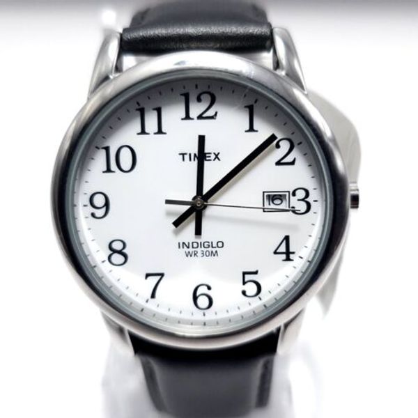 New Timex T2H281 Men's Easy Reader Black Leather Watch Indiglo Date ...