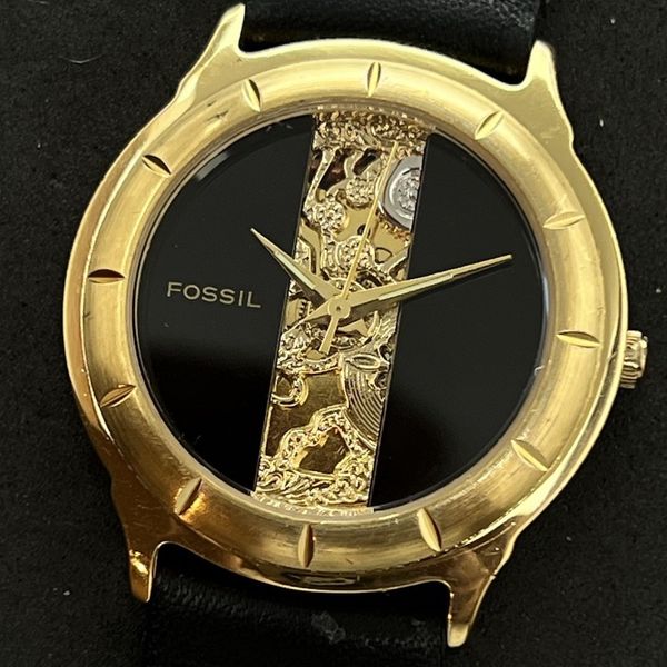 Vintage 1990 FOSSIL Skeleton Menâ s 36mm Quartz Watch Gold Black Dial ...