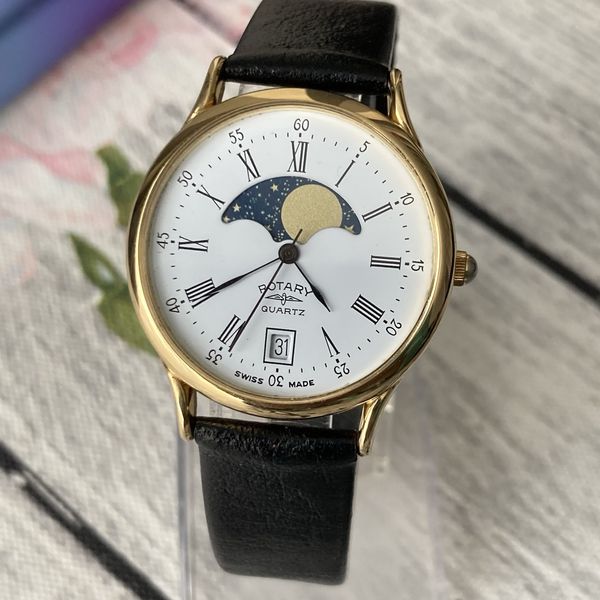 Rotary Watch Moon Phase Mens Vintage Swiss Made White Dial Gold Plated ...