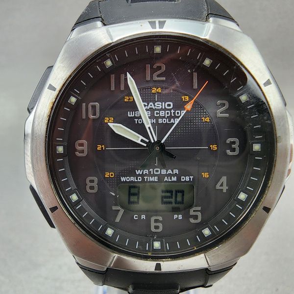 Casio Wave Ceptor Watch Men 42mm Black Dial Silver Tone Analog Digital ...