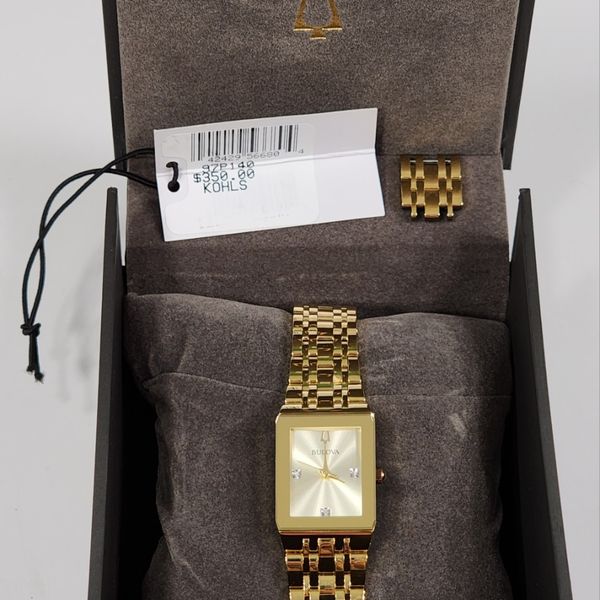 Bulova Futuro Diamond Ladies Gold Tone Quartz 97P140 Rectangular Watch ...