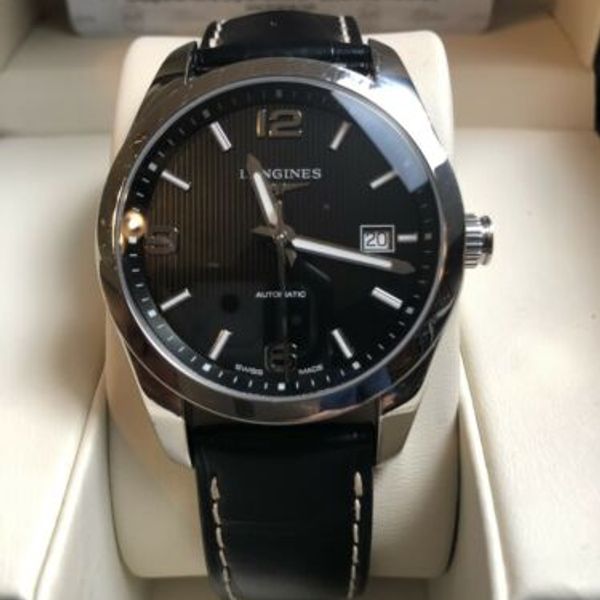 Longines Conquest Classic Pre-Owned Black Dial Leather Strap Men's ...