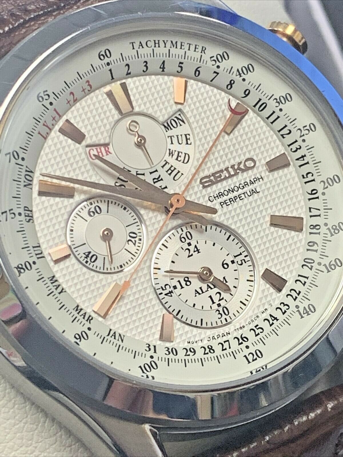 Seiko SPC129P1 Men Neo Classic Watch Alarm Perpetual Chronograph Brown ...