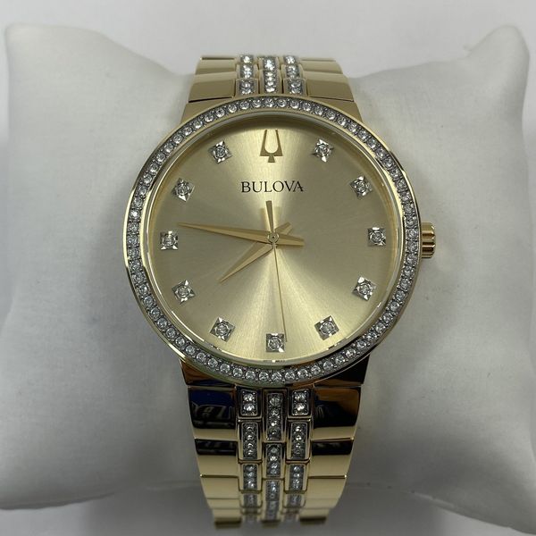 Bulova Crystal Quartz Gold Tone Stainless Steel Men's Watch 98K113 ...