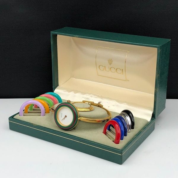 Auth Gucci Change Bezel 12 Colors Gold White Women Watch 6.5inc Quartz ...
