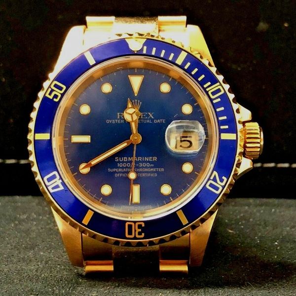 Rolex Submariner 18k Yellow Gold Blue Dial/Bezel Mens Dive Watch 16618 ...