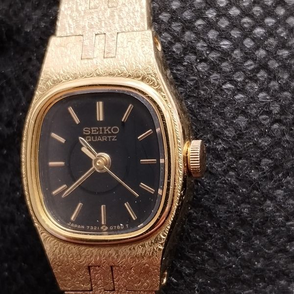 Vintage Seiko Watch Women Gold Tone Black Dial Rectangle 7321-5399 New ...