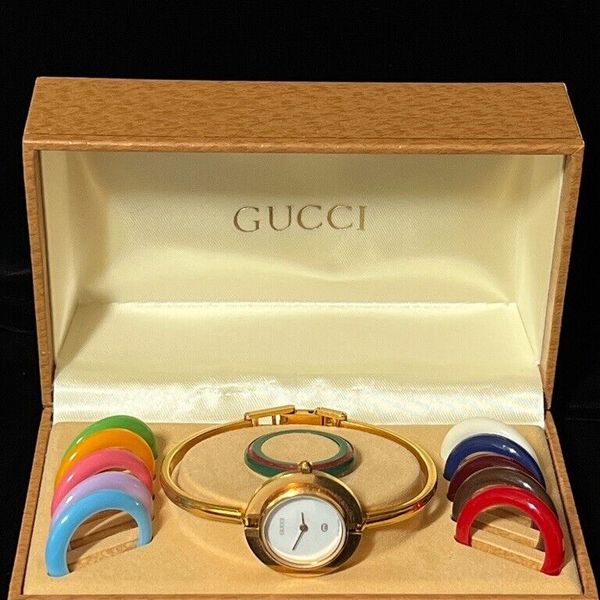 Gucci Women's Gold Watch Change Bezel 11 Colors Quartz Gold Box Working ...