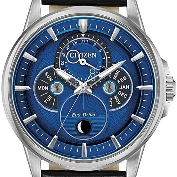 CITIZEN BU0050-02L Calendrier Moon Phase Blue Dial Leather Strap Watch ...