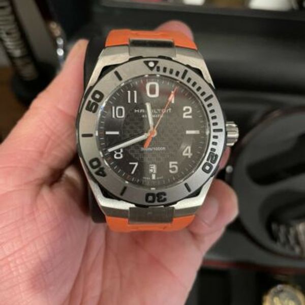 Pre- Owned Hamilton Men's Khaki Navy Sub Auto Grey Dial Orange Watch ...