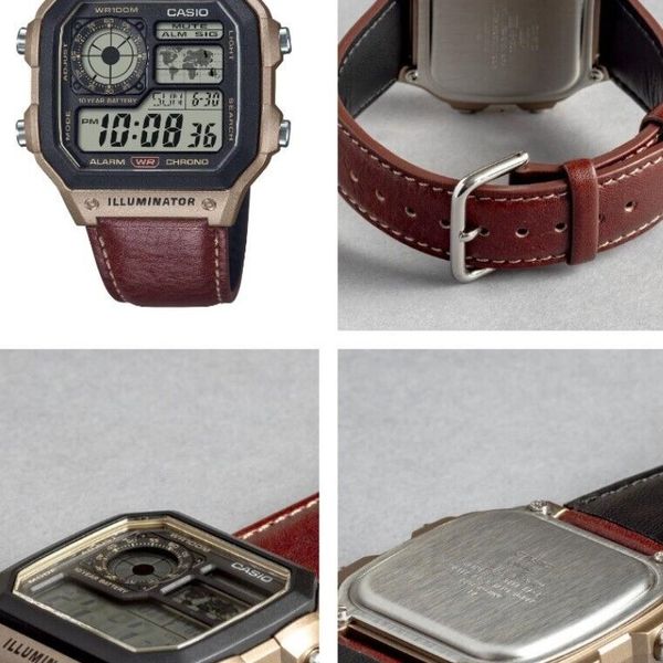 Casio AE-1200WHL-5A Digital Brown Leather World Time World Map Sporty ...