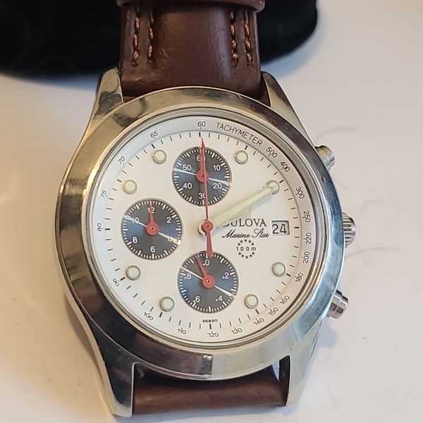 Vintage A0 2000 Bulova White Dial Marine Star Chronograph 96B30 Mens ...