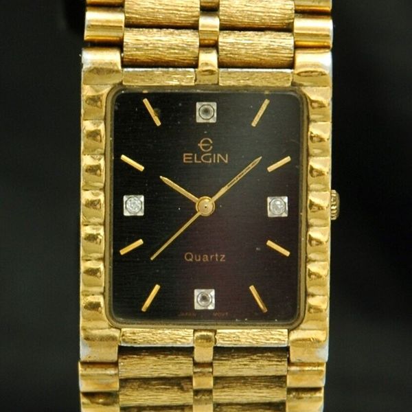 1980s ELGIN Diamond Dial MEN'S GOLD WATCH Quartz FM116-017 2035 RARE ...