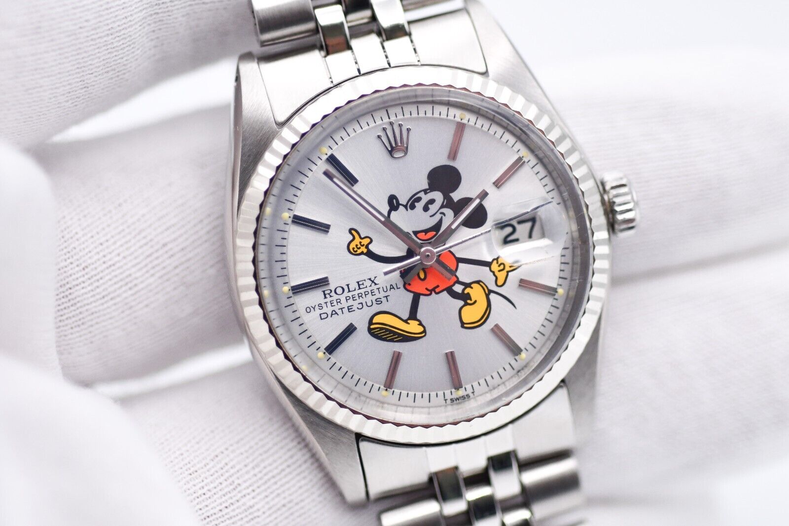 Rolex Datejust 36mm Silver Mickey Mouse Dial Watch 1601 - Steel / 18K ...