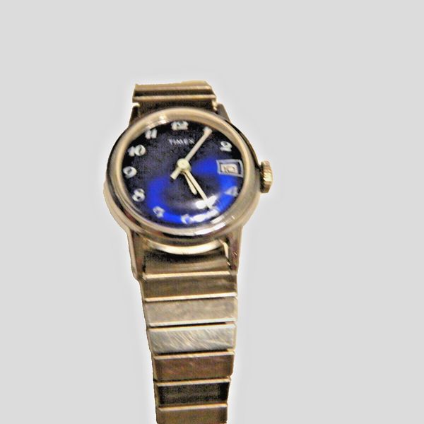 TIMEX MECHANICAL LADIES DATE WATCH BLUE FACE FLEXION BAND WORKING ...