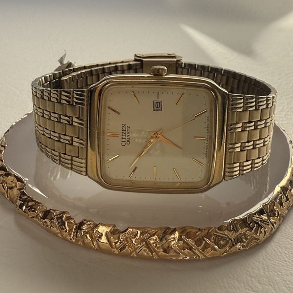 Vintage Citizen Gold Tone Champagne 6010-S23314 Tank Quartz Date Watch ...