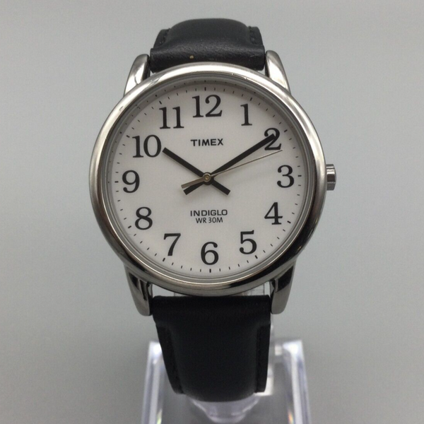 Timex Watch Men Silver Tone Round Leather Band Indiglo 30M New Battery ...