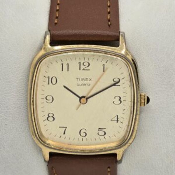 Men's Vintage Timex M Cell Square Gold Tone Case Brown Leather Strap ...