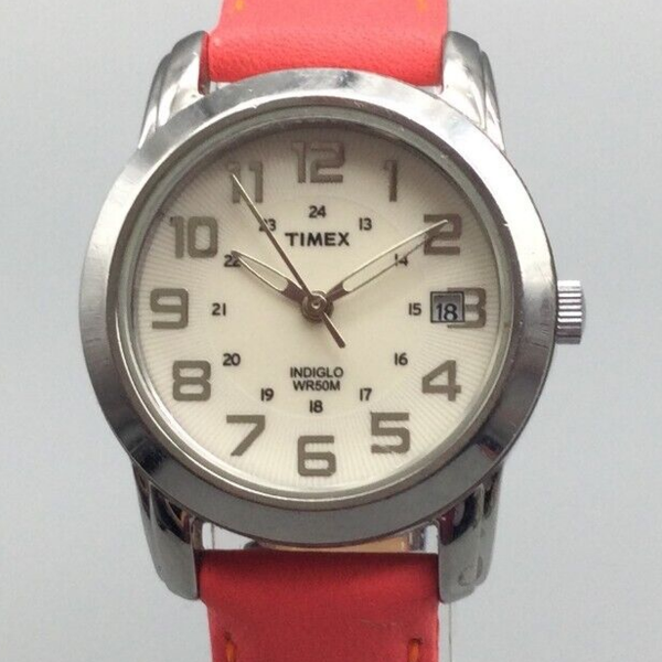 Timex Watch Women Indiglo 28mm Silver Tone Date Sunburst Leather New Battery | WatchCharts ...