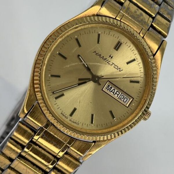 Vintage Hamilton Men's Watch 8838 Gold Tone Fluted Bezel Day Date NEW ...