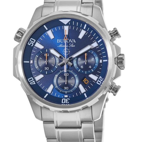 Bulova Marine Star Chronograph Watch Men 44mm Blue Dial Steel Date ...