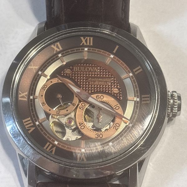 Bulova Men's Automatic Watch 96A120 with Brown Dial and Leather Band ...