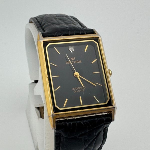 Vintage Waltham Quartz Watch Men Gold Tone Black Rectangle Diamond New ...