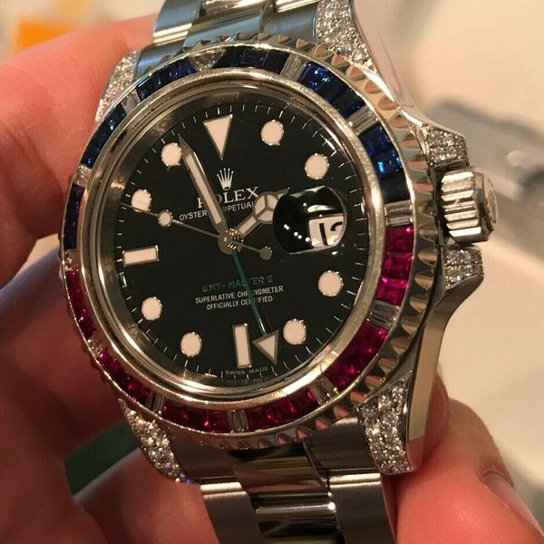 ROLEX Stainless Steel GMT-MASTER II PATRIOT RUBY DIAMOND SAPHIRE BEZEL ...