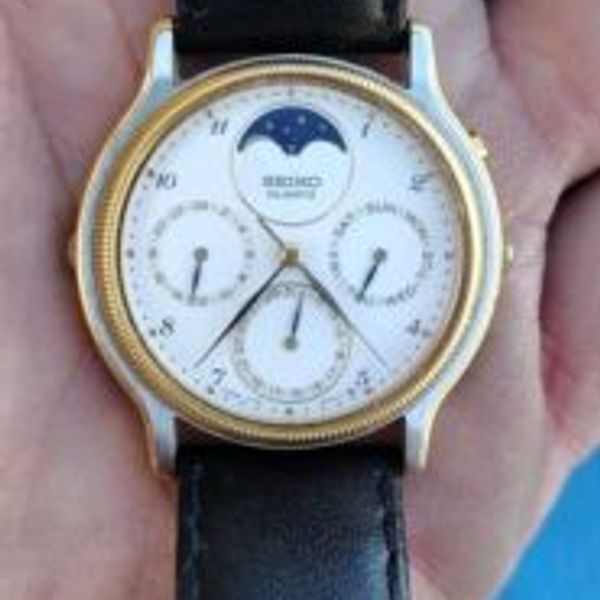 Seiko Quartz Moon Phase Calendar 7F39-6029 Two Tone Vintage ...