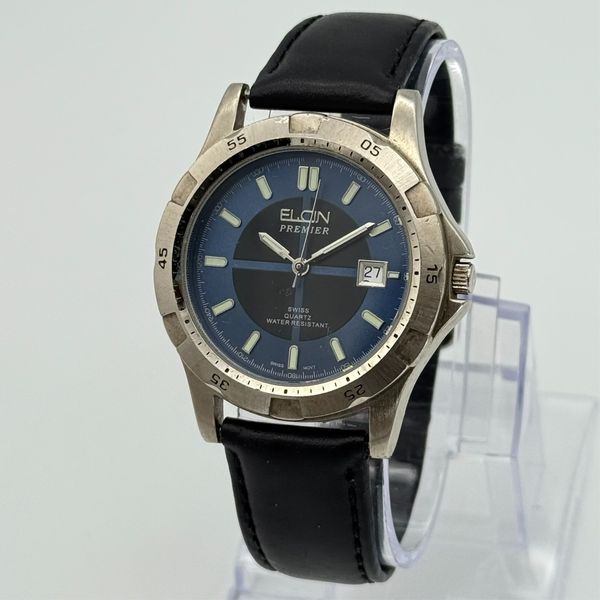 Men's ELGIN Premier Swiss Quartz Classic Silver Tone Watch, 38mm, Blue ...