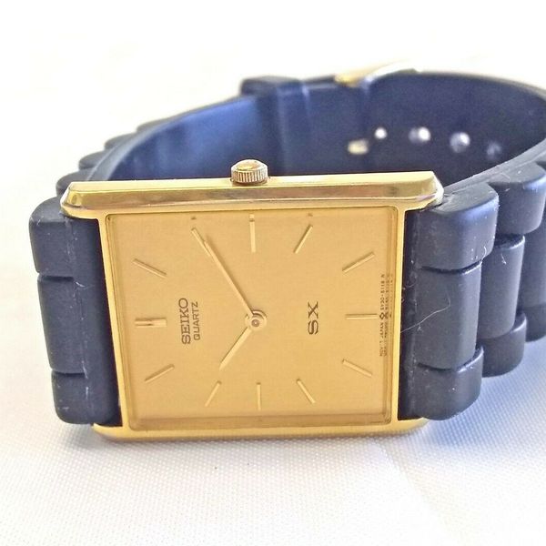 Vintage Seiko SX Gold Tone Rectangle Quartz Watch 5Y30-5060 Rubber Strap Mens | WatchCharts ...
