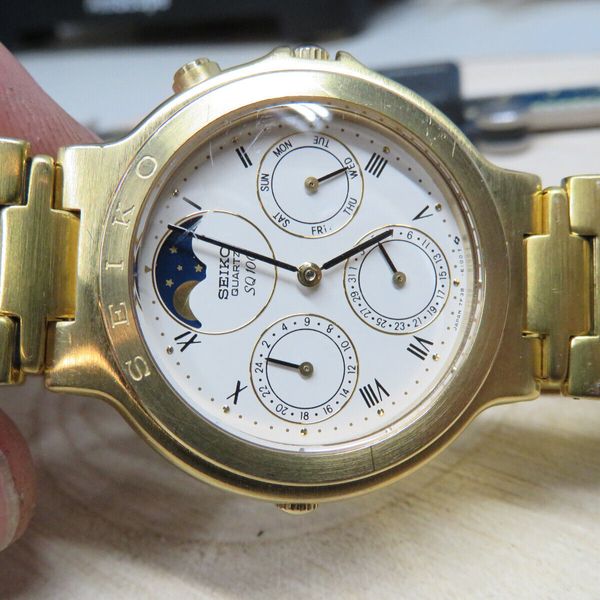 Mens seiko triple date moon phase chrono style white dial wrist watch ...