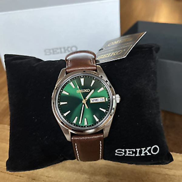 SEIKO Green Dial ESSENTIALS Brown Leather Men's Watch - SUR449 MSRP ...