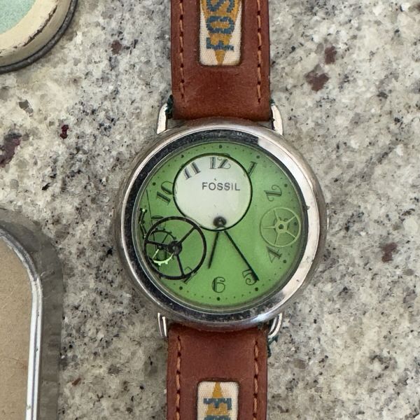 Vintage Fossil Watch Floating Gears Green Liquid Dial Very Rare With ...