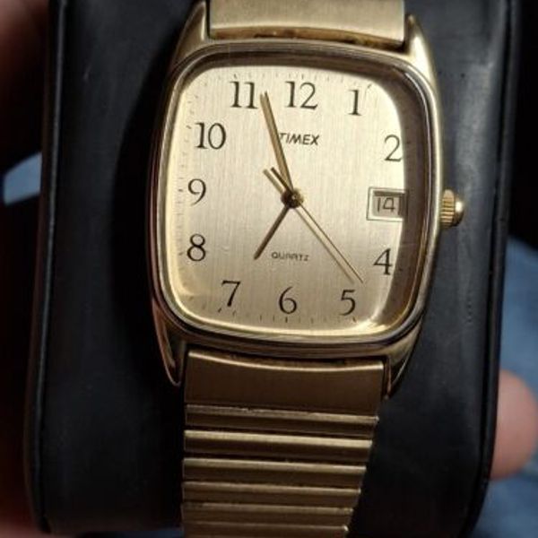 Timex Gold Tone Tank Style Quartz Mens Vintage 1980s Retro Watch ...