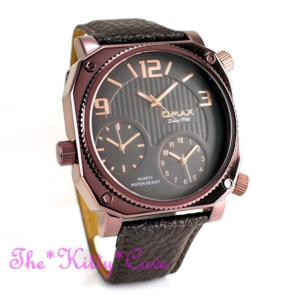 OMAX SS Brown Seiko Movt Mens World Multi Zone Triple Time Dials Watch ...