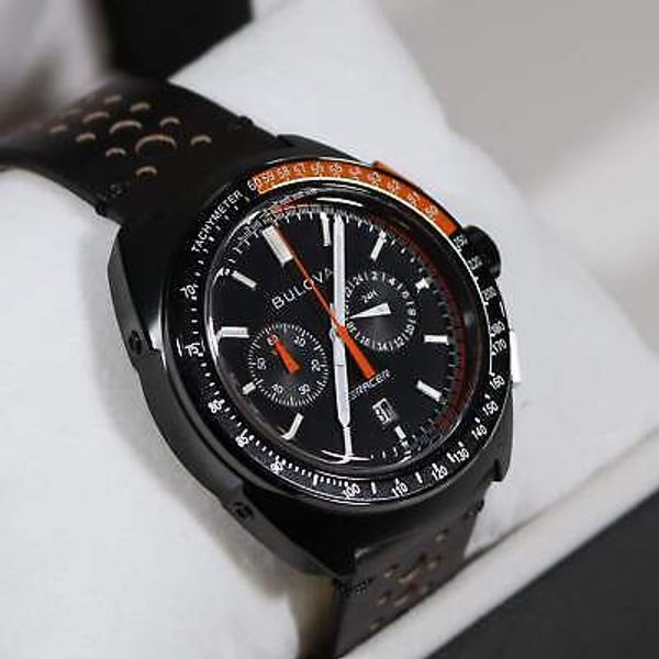 Bulova Quartz Racing Chronograph Black Dial Leather Strap Men's Watch ...