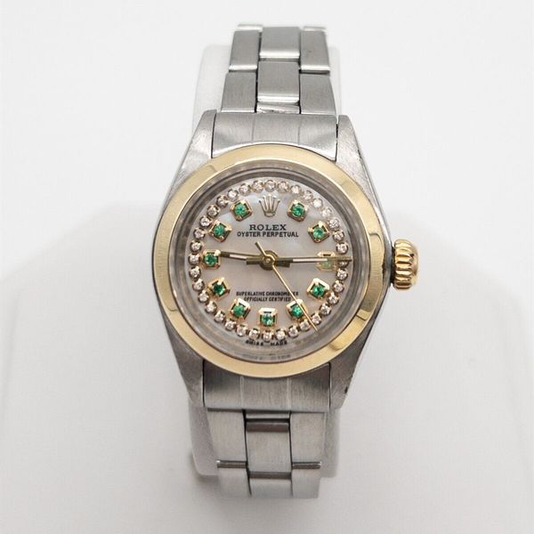 Estate $8000 ROLEX Oyster Ladies Emerald Diamond 18k Yellow Gold SS ...