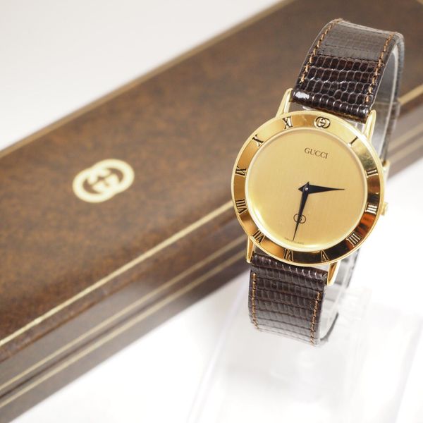 Gucci Watch 3000M 32mm Round Vintage Men's Quartz Gold Dial Genuine Box ...